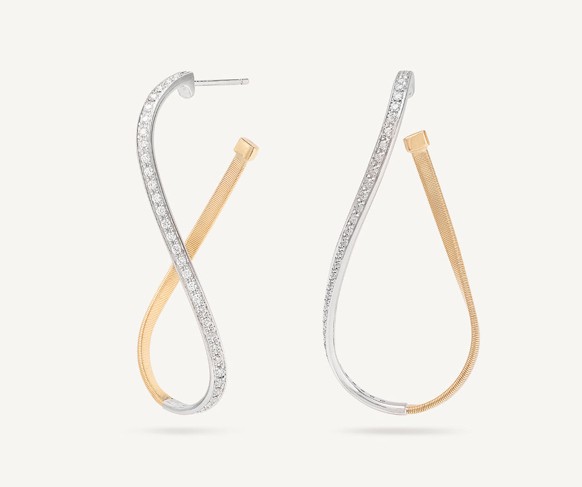 18K Yellow Gold Twisted Irregular Medium Hoops with Diamond Pavé ...